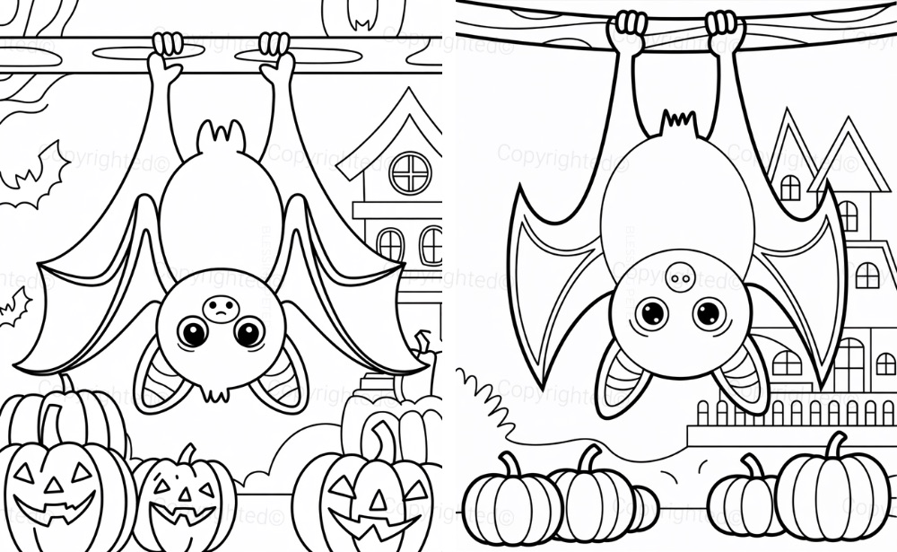 Hanging Bat with Pumpkins – Coloring Prompts